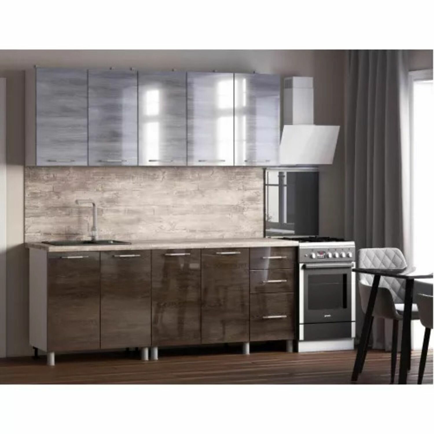 Кухонный гарнитур (кухня) без столешницы Танго 2.0м , МДФ фасад Дуб Шале Серебро/Дуб Шале Мореный , корпус белый с теснением древесные поры ЛДСП 2000х2160х430 тэкс