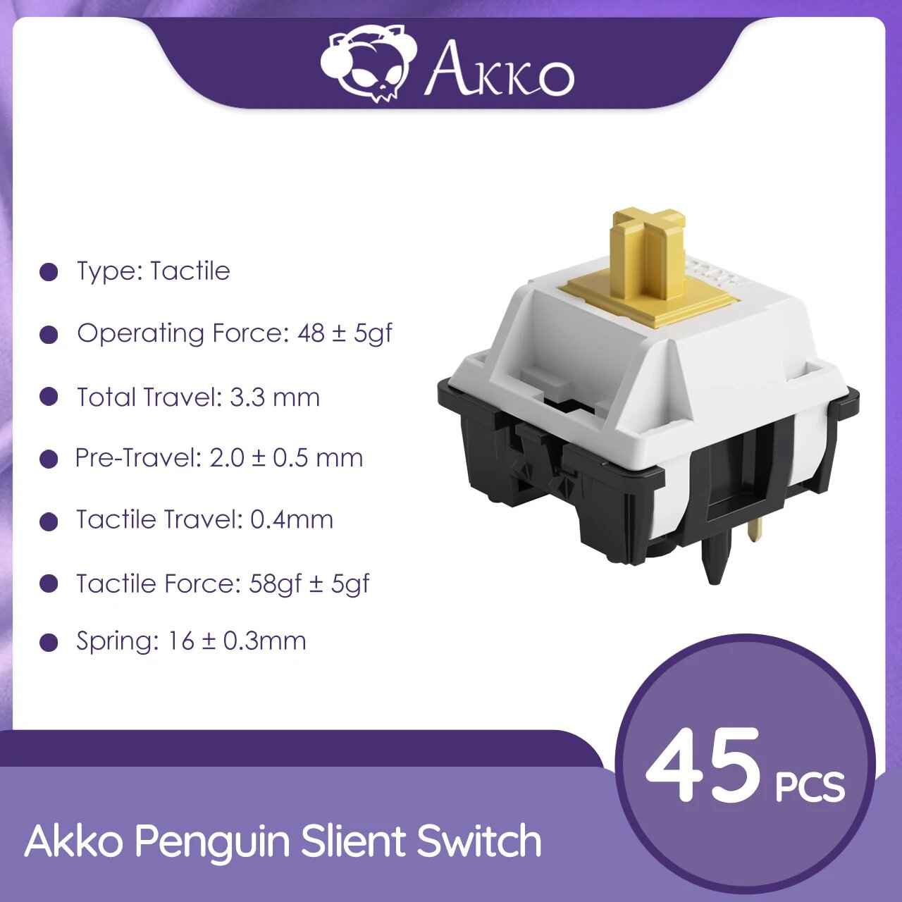 Акко Penguin 5-Pin Tactile Silent Switches 50gf (45 шт)
