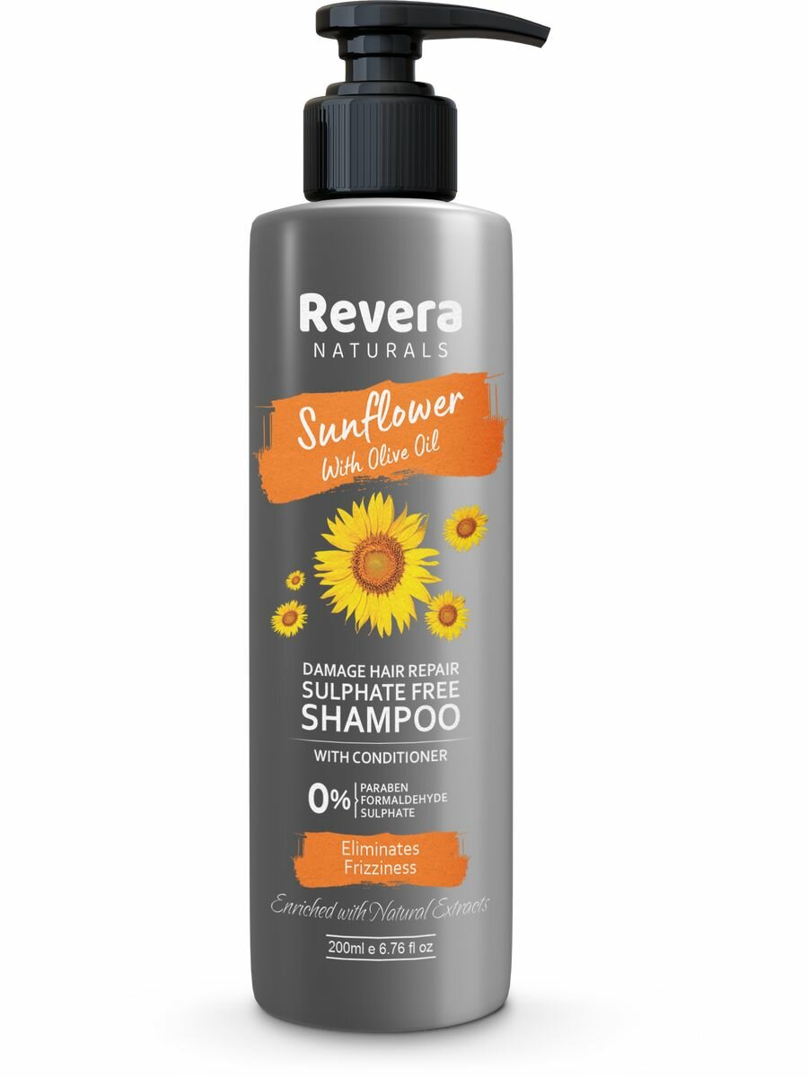 Бессульфатный шампунь с кондиционером Ревера с подсолнечником для восстановления поврежденных волос, 200 мл