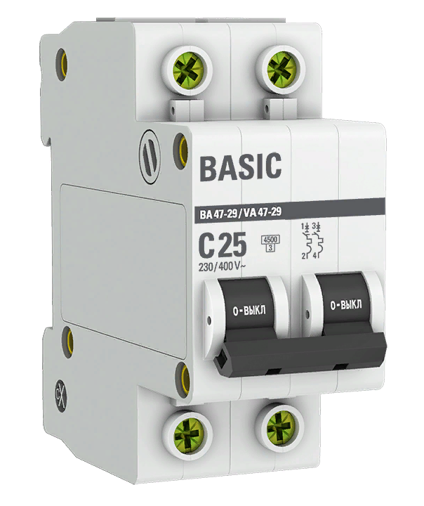 Автоматический выключатель EKF / ЕКФ ВА47-29 Basic 2Р 25А характеристика С 4.5кА, mcb4729-2-25C / электроавтомат