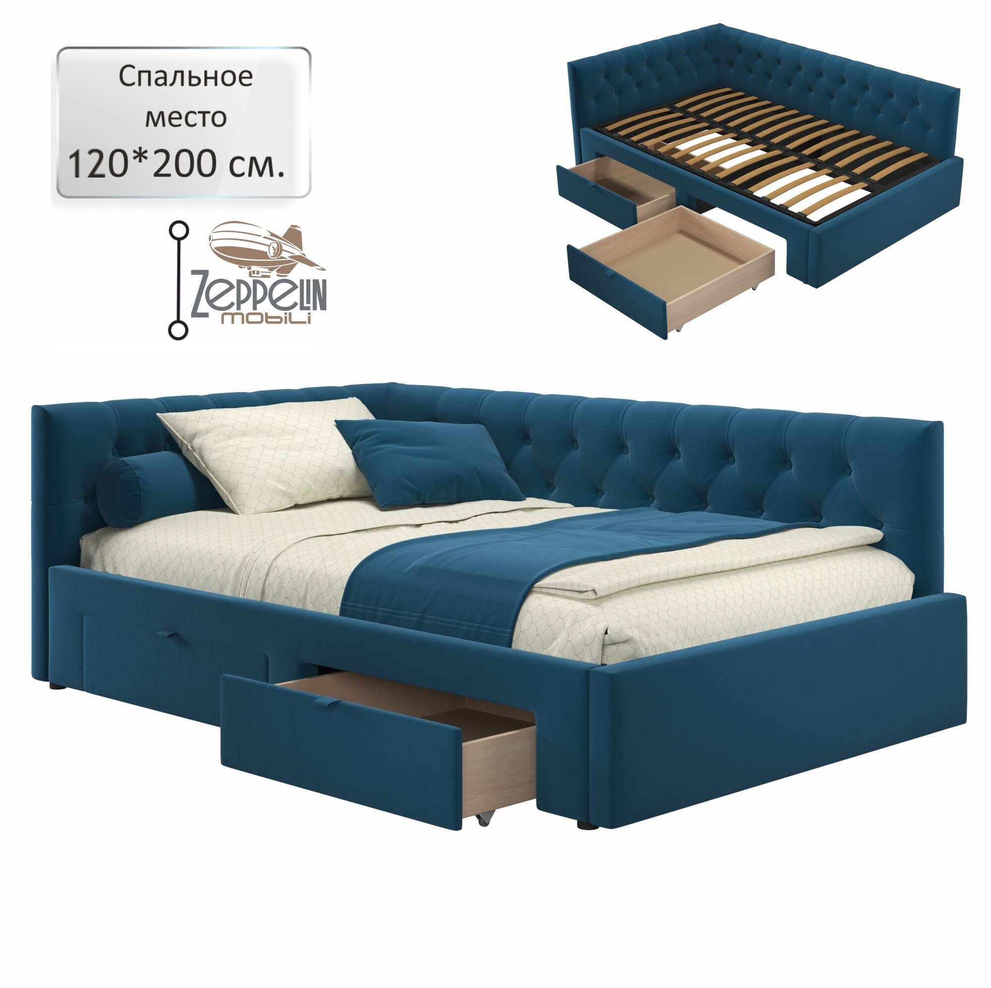 Кровать-тахта Afelia 120х200 синяя с ящиками, мягкая спинка из велюра, с ортопедическими ламелями, с ящиками для хранения