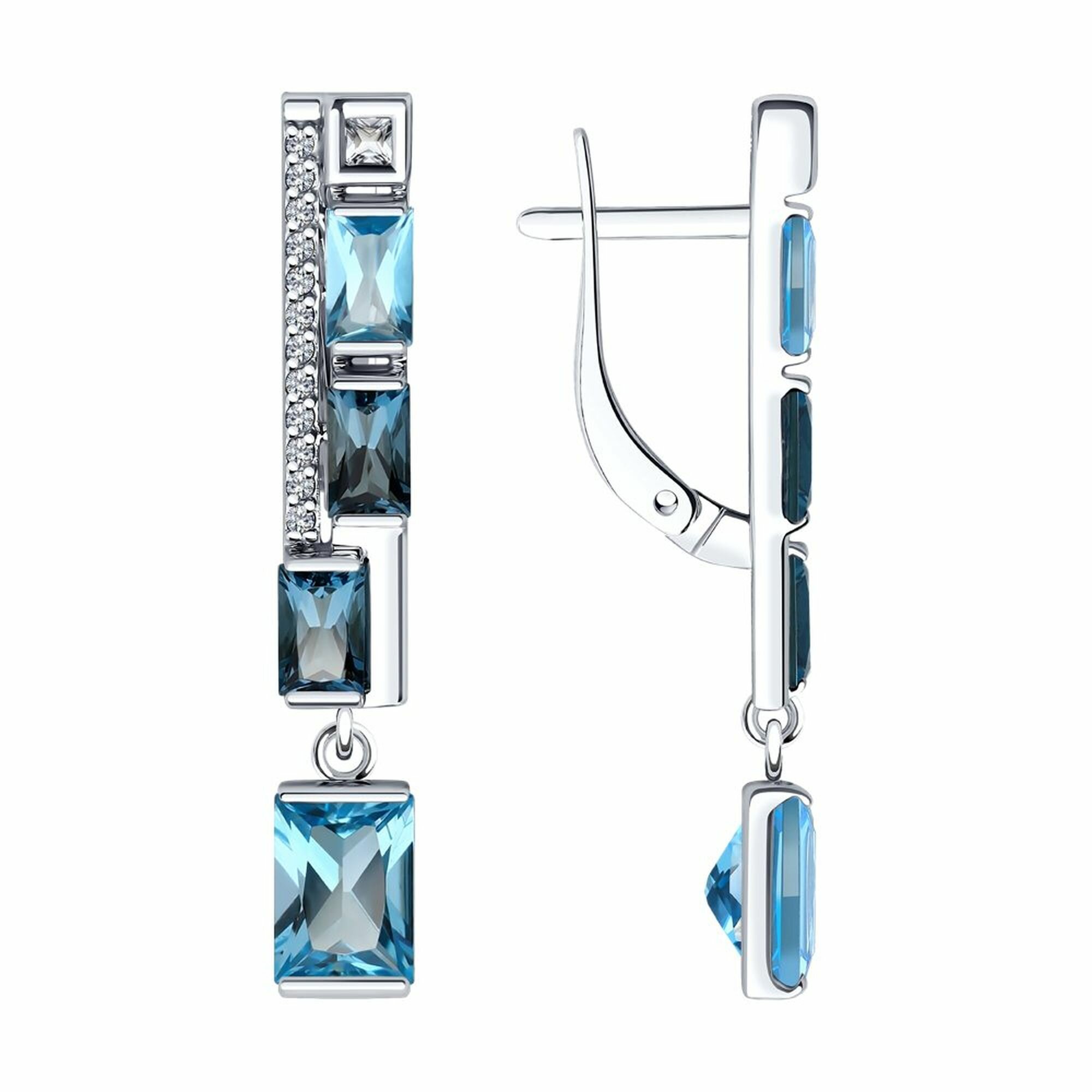 Серьги, белое золото, 585 проба, Лондон топаз, топаз, фианит