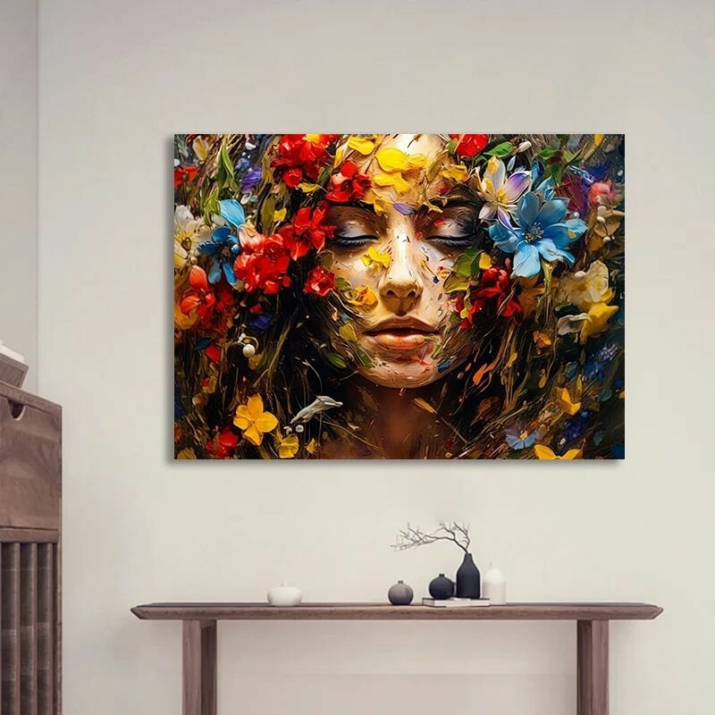 Картина "Девушка в цветах", 30x40 см, на подрамнике, экологичные чернила