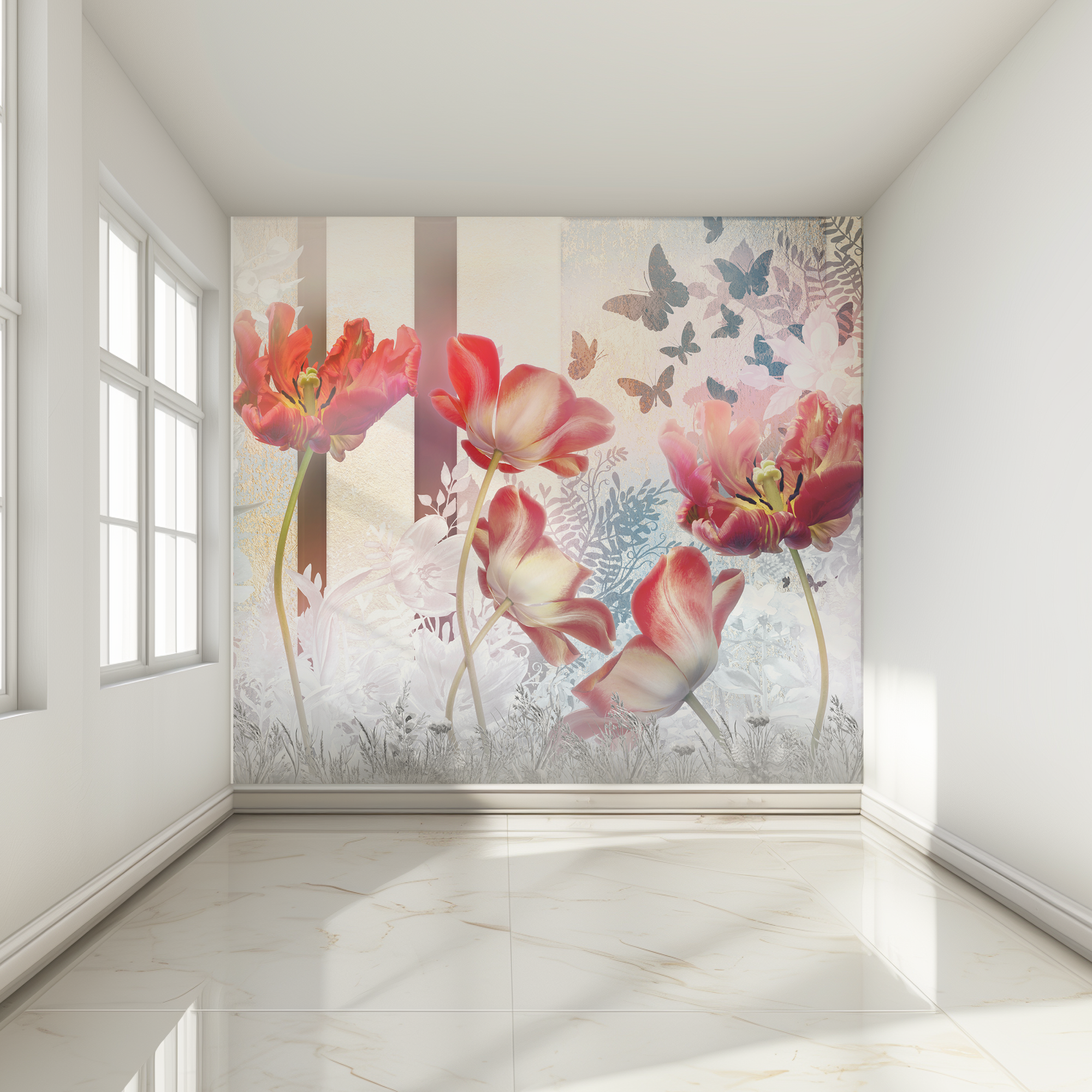 Фотообои 3д на стену "Красные тюльпаны", флизелиновые 300х270 см на кухню, спальню, зал