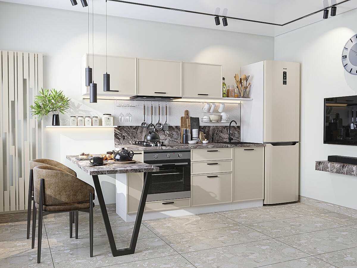 Кухня Фрейм-01, цвет фасада Cream Silk, цвет каркаса Белый, 1782*2300*600 мм