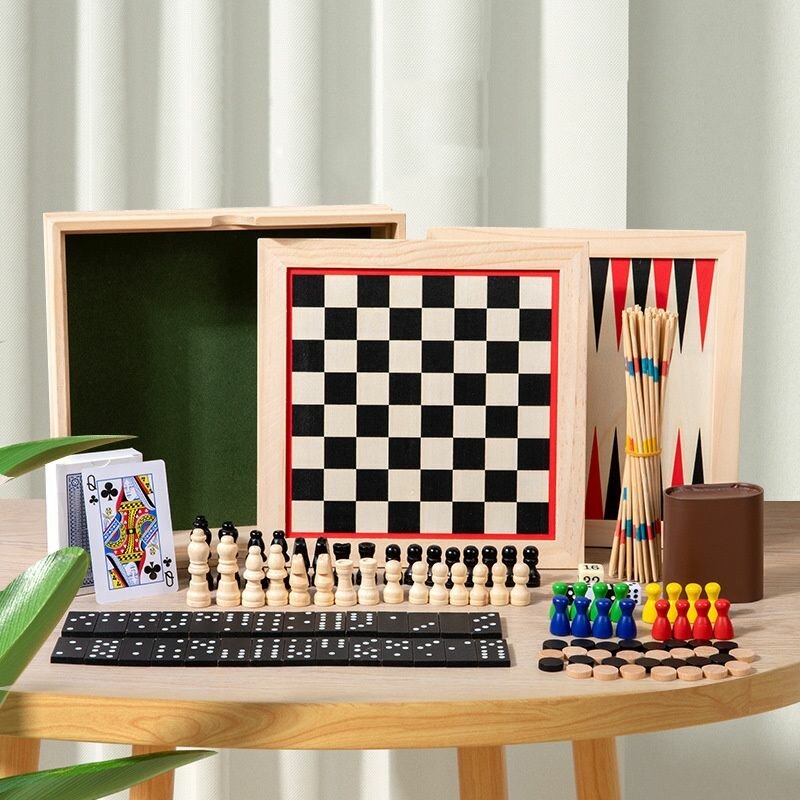 Набор настольных игр Bondibon "Удачная партия", 5в1: нарды, шашки, шахматы, карты, домино