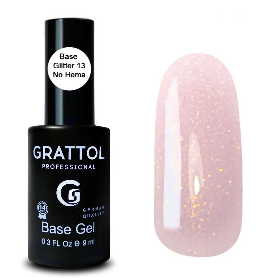Grattol Rubber Base Glitter NO HEMA 13 - База камуфлирующая c глиттером, 9 ml