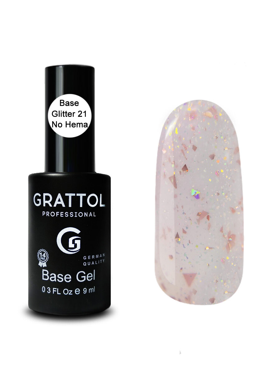 Камуфлирующая База для ногтей c блестками - Grattol Rubber Base Glitter NO HEMA 21, 9 ml
