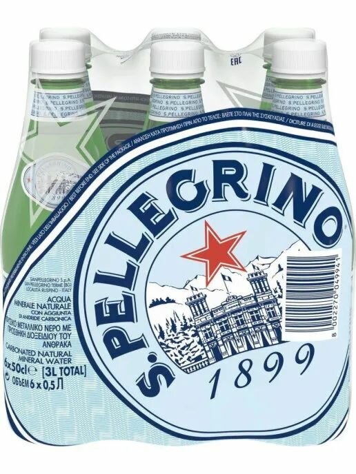 Минеральная вода San Pellegrino, среднегазированная, ПЭТ, 0,5 л, 6 штук