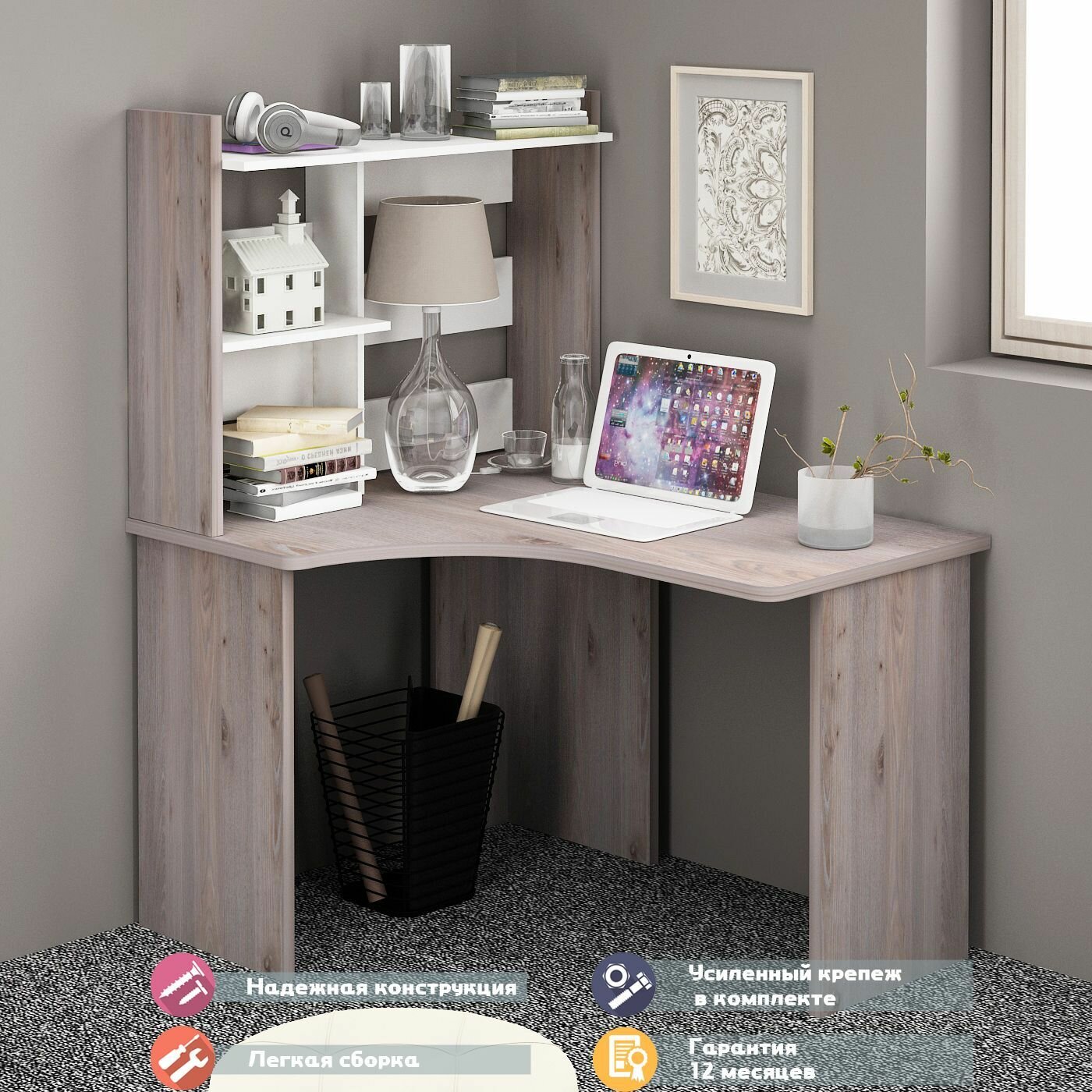 Стол Стол СКЛ-Угл120+НКЛ-100 (без тумбы) НБЕ ЛЕВ Нельсон/Белый с надстройкой