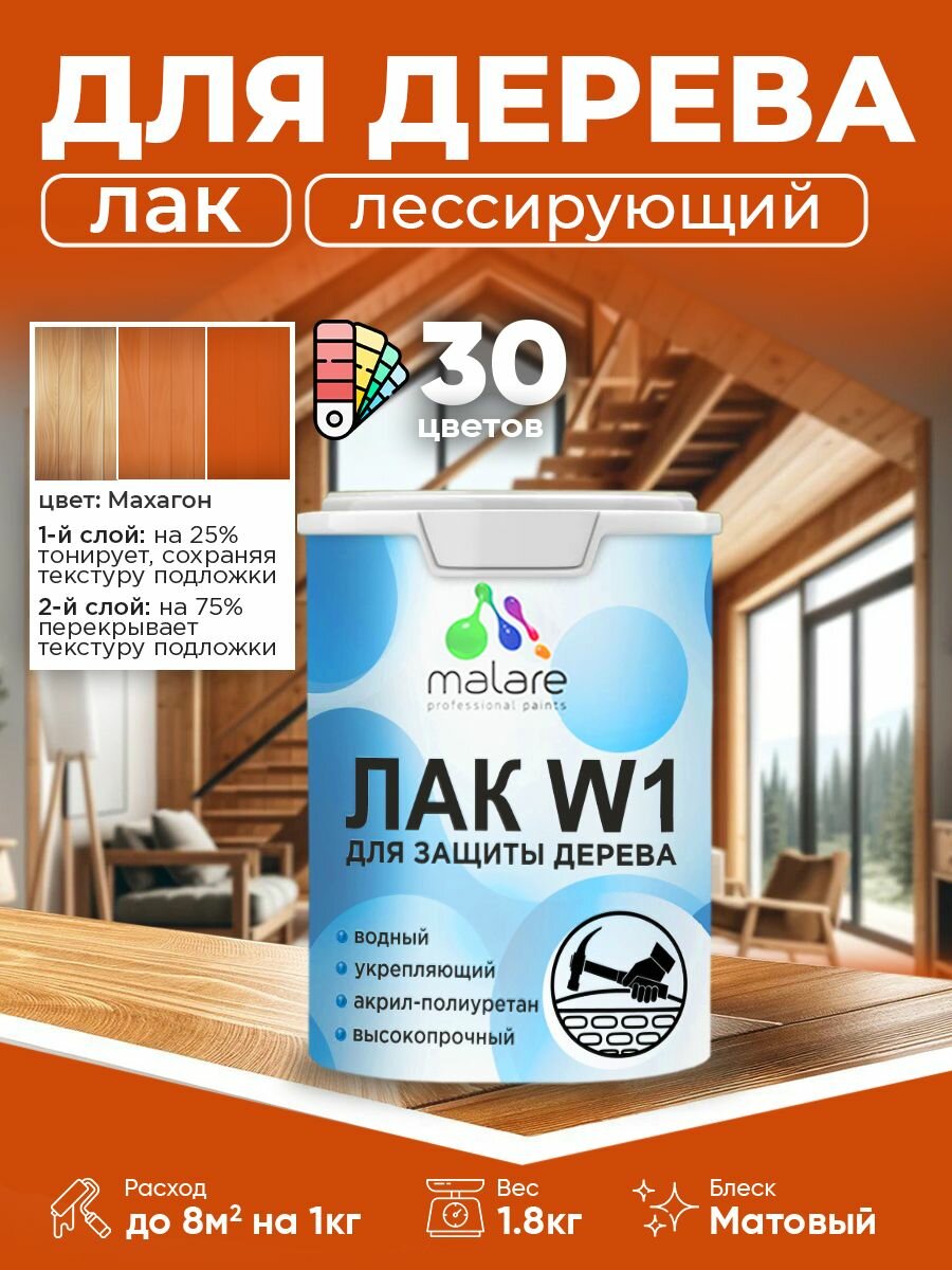 Лак колерованный тонирующий для дерева Malare W1 для деревянных и минеральных поверхностей, моющийся без запаха быстросохнущий, матовый, махагон, 1.8 кг.
