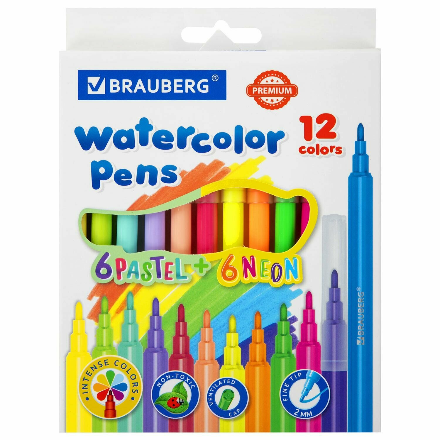 Фломастеры Brauberg 6 неоновых и 6 пастельных, вентилируемый колпачок