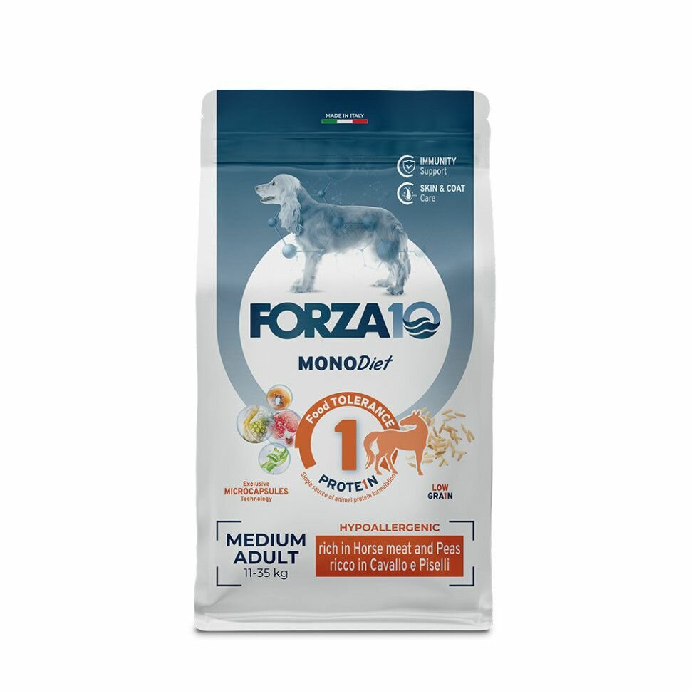Forza10 Med Diet Low Grain Cav полнорационный диетический корм для взрослых собак средних пород из конины, гороха и риса с микрокапсулами - 12 кг