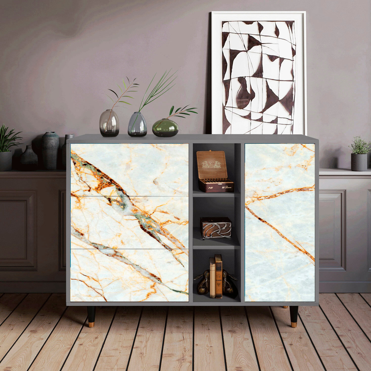 Комод - STORYZ - BS2 Sandy Marble, Разер - 125 x 97 x 48 см , Цвет корпуса - Серый