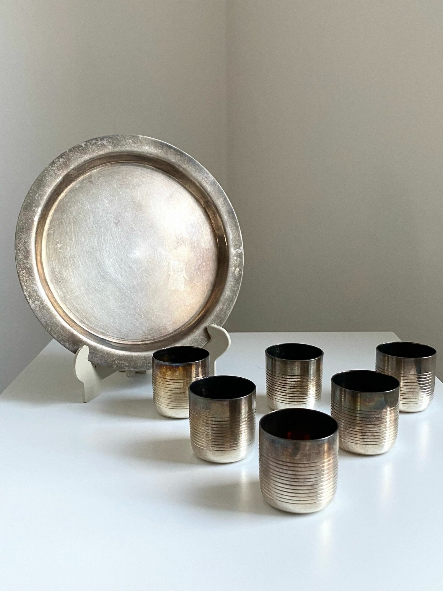 Коньячный набор "Кольца". Поднос, 6 стопок. Мельхиор. СССР! Клеймо МК0. 1970 год!