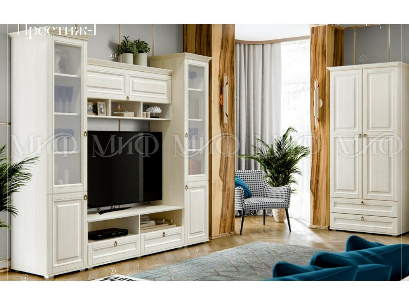 Модульная гостиная, классическая, композиция 2 (Сандал светлый)