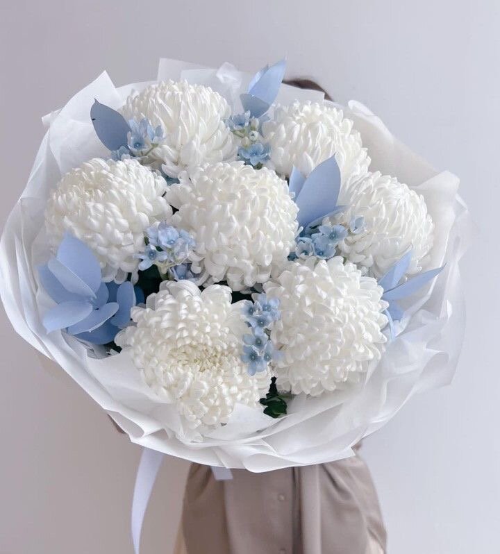 Букет живых цветов NURA FLOWERS, из белых хризантем и экзотики, 7 цветов