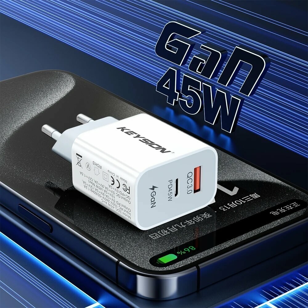 KEYSION 45 Вт GaN USB Type C Настенное зарядное устройство QC 3.0 Быстрая зарядка PD3.0 Быстрое зарядное устройство для телефона для iPhone 16 15 14 Samsung Xiaomi Huawei