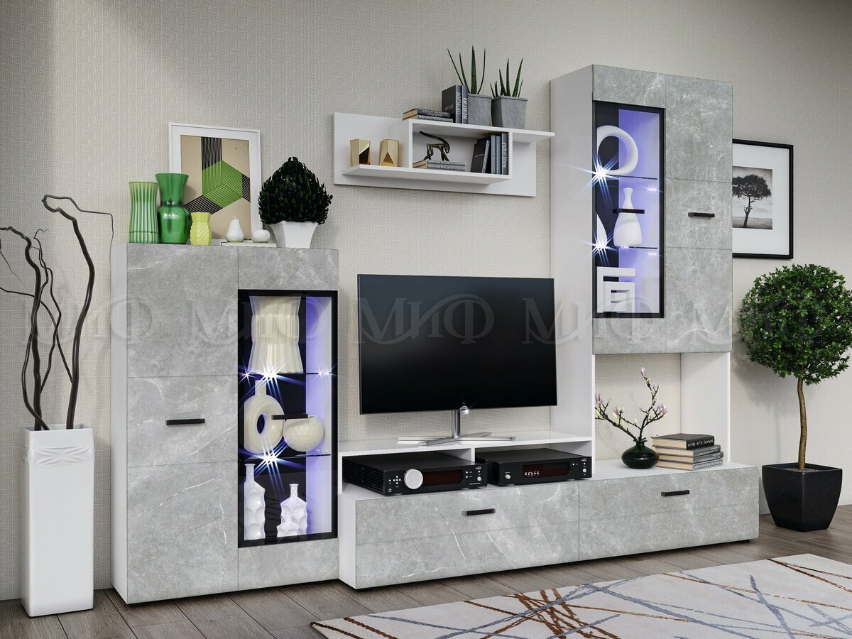 Гостиная мебель Миф Нэнси NEW МДФ Вариант №3 Мрамор глянец/ Белый с подсветкой
