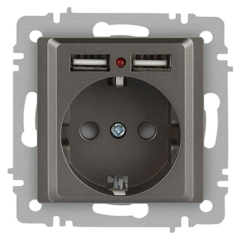 Розетка 1-м СП Accent 6-410-09 16А IP20 250В P+E Schuko + 2хUSB защ. шторки титан Intro Б0063711