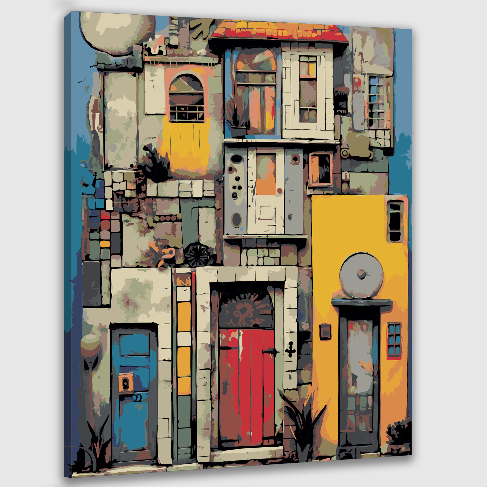 Картина по номерам 40x50 см, коллаж, смешанная техника, необычный дом, найденные предметы, материалы, старинные двери
