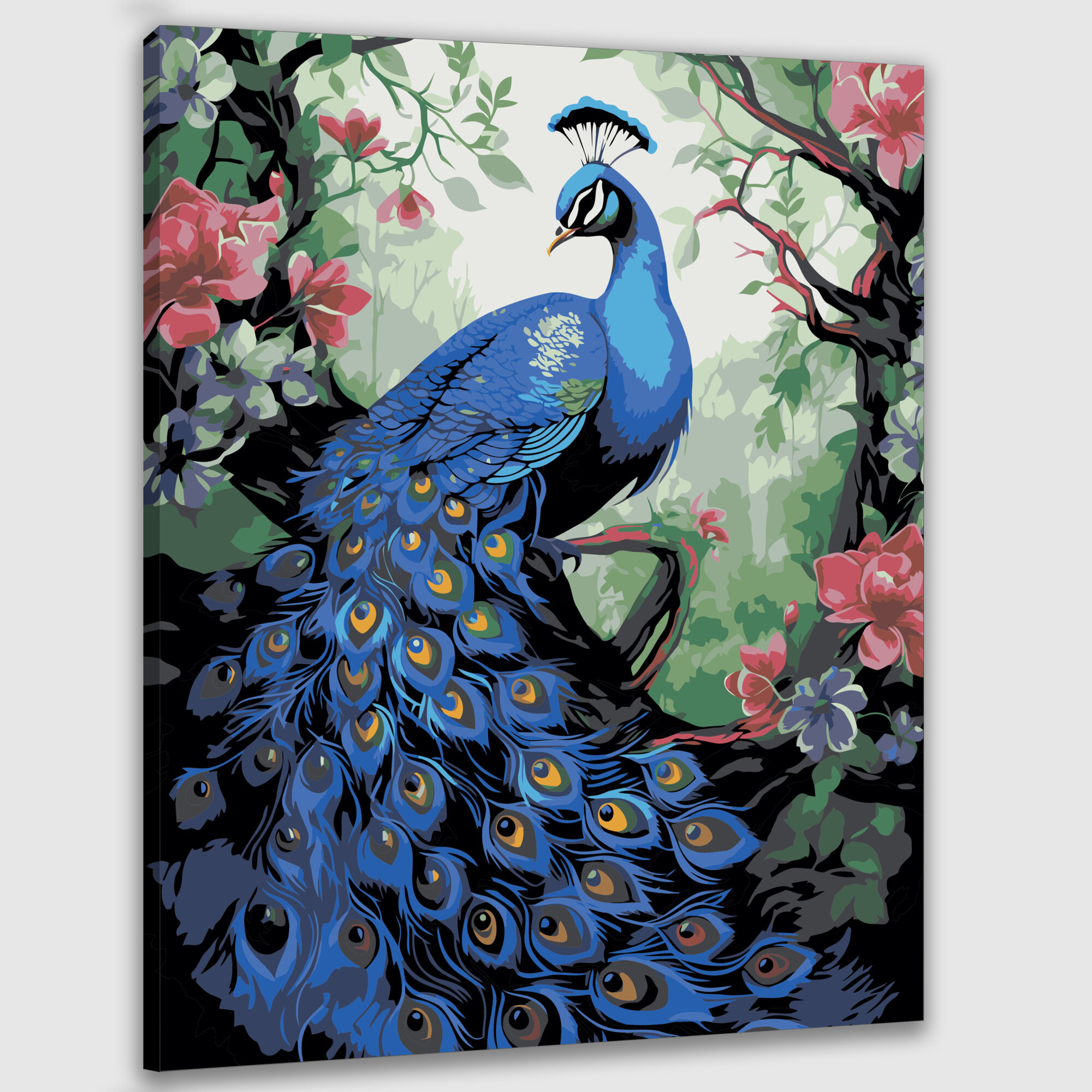 Картина по номерам 40x50 см, павлин, оперение, синий, зеленый, гамма, животное, красота