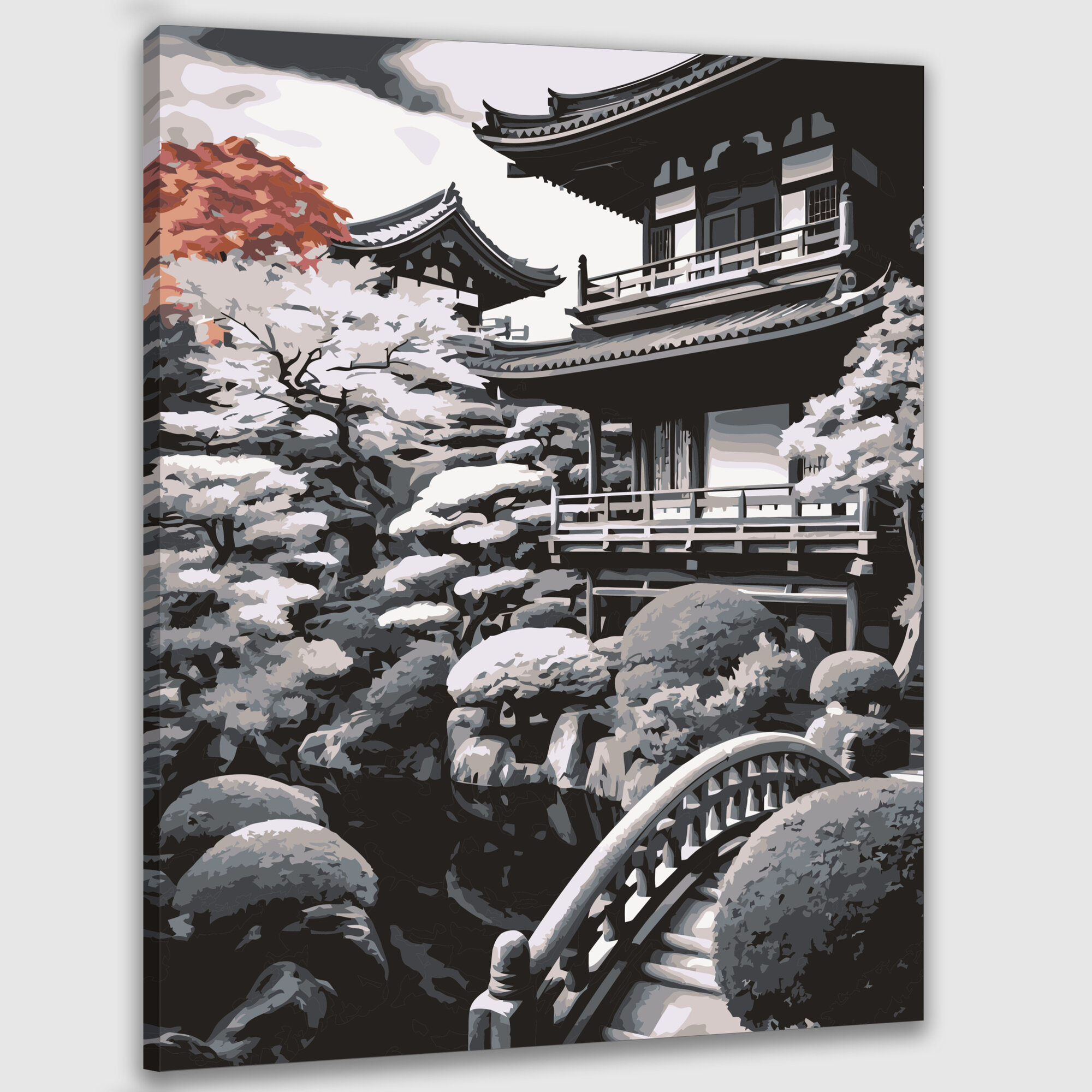 Картина по номерам 40x50 см, черно-белая фотография, историческая архитектура, традиционный чайный домик