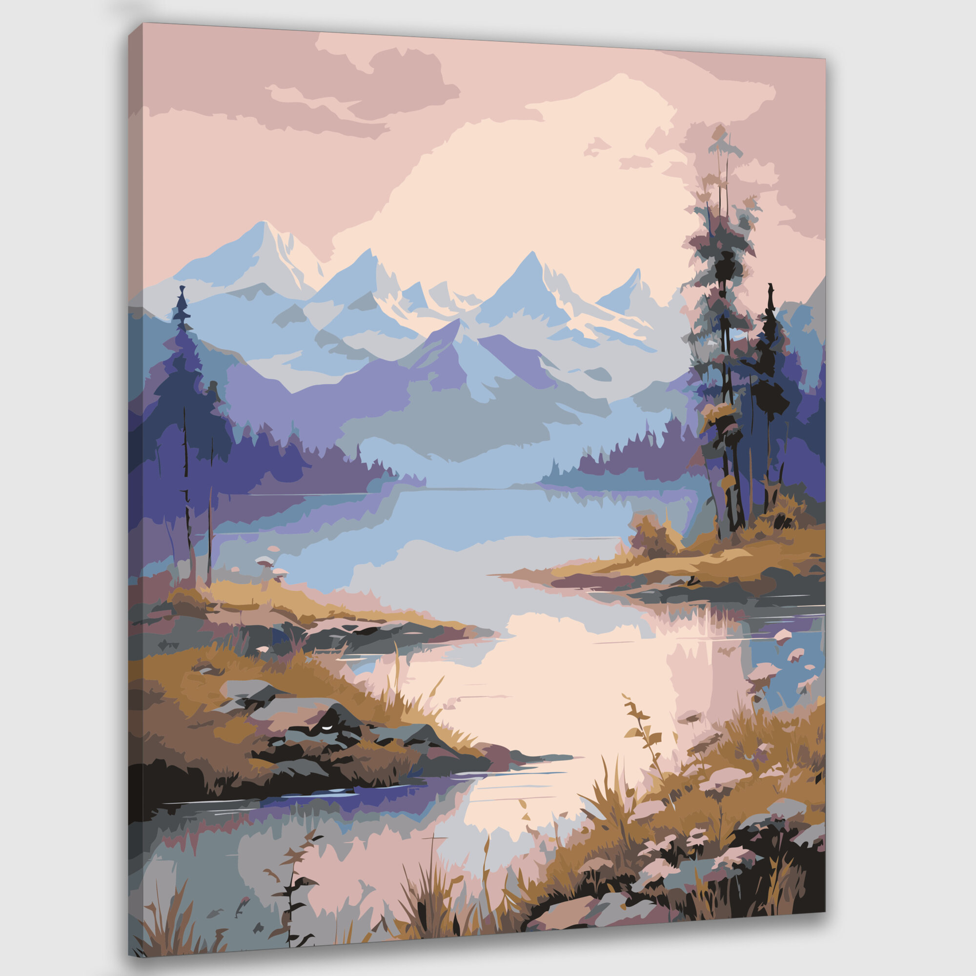 Картина по номерам 40x50 см, акварель, пейзаж, горный хребет, рассвет, пастельные оттенки, небо, озеро, флора, фауна