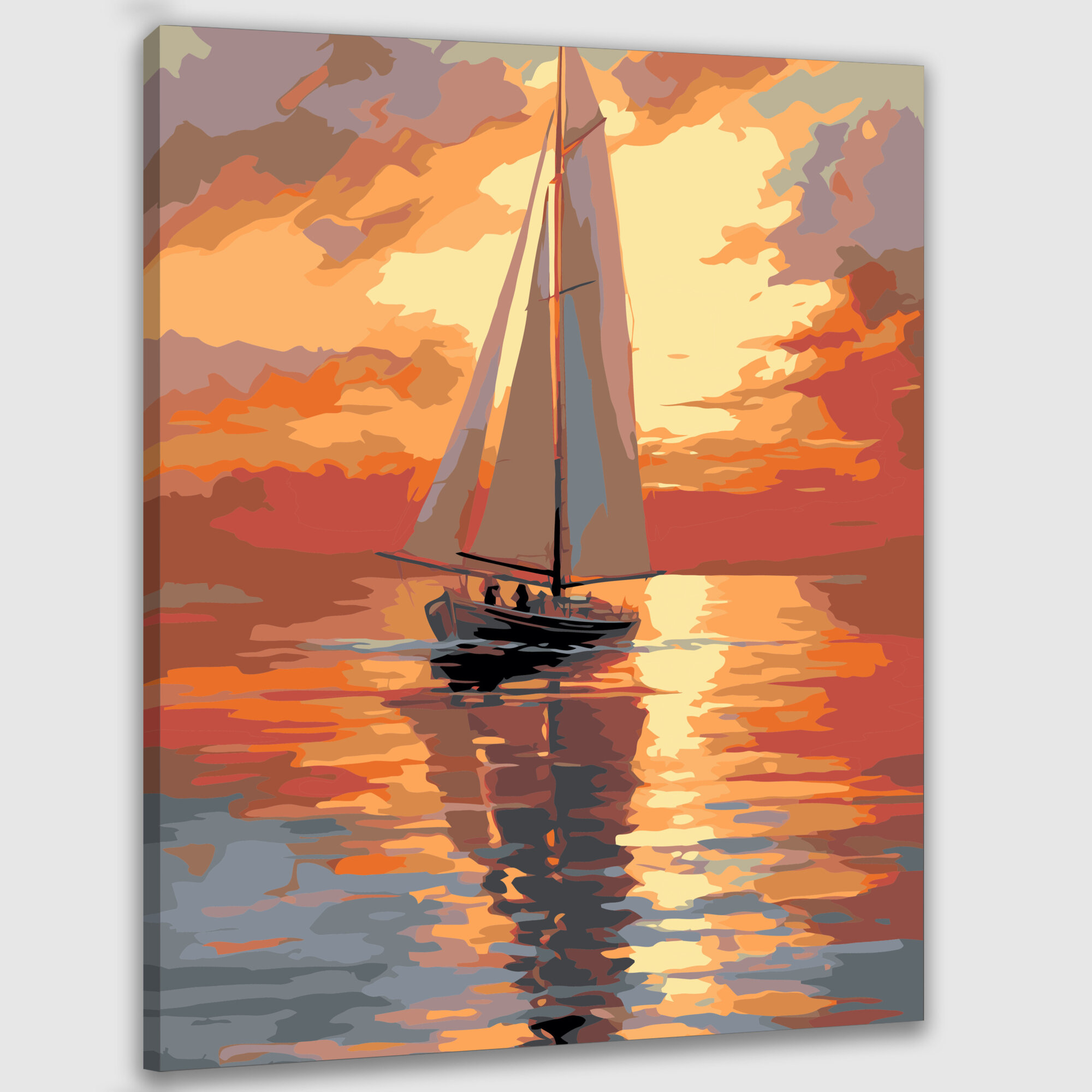 Картина по номерам 40x50 см, парусник, океан, закат, золотой оттенок, оранжевый оттенок, вода, паруса, ветерок