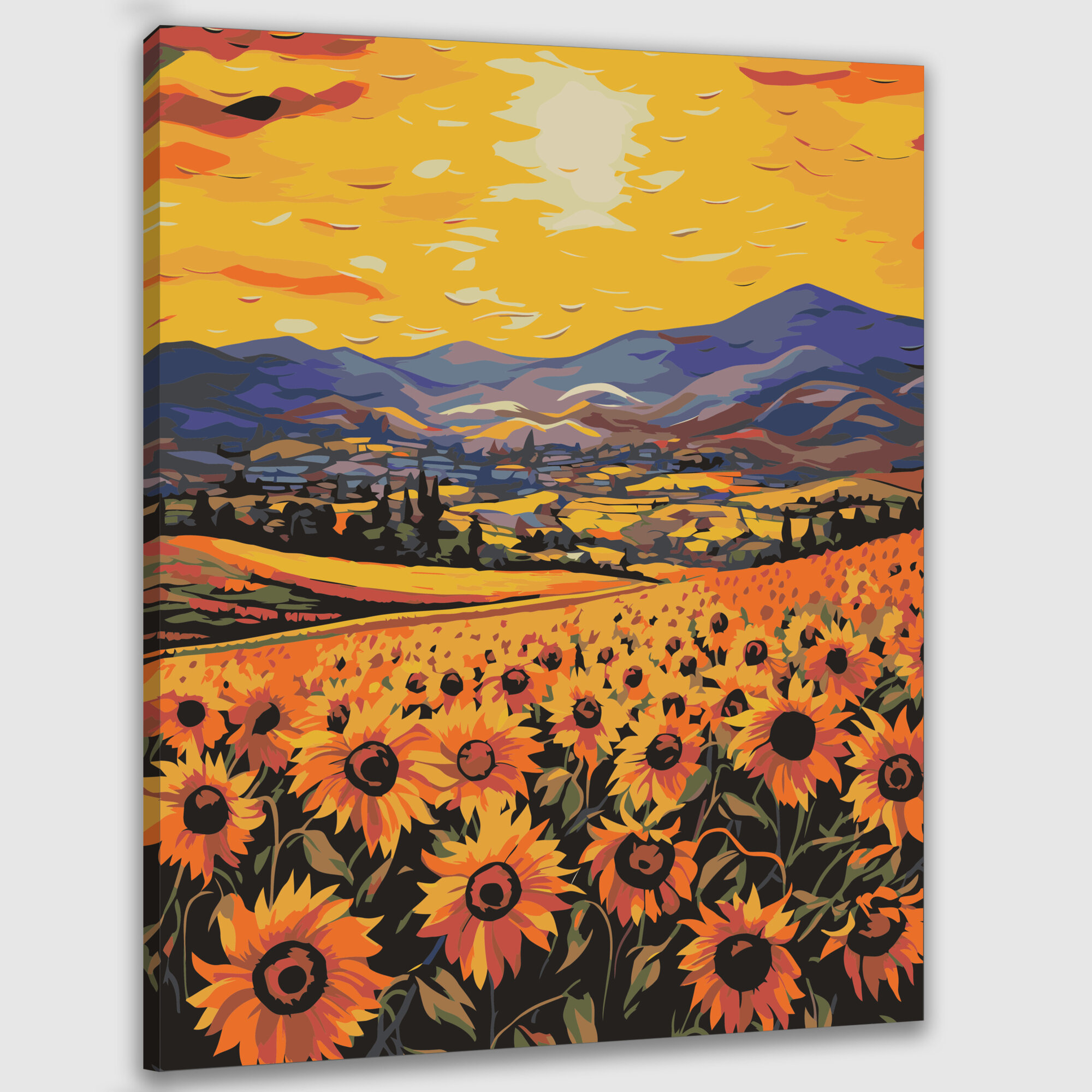 Картина по номерам 40x50 см, пейзаж, картина, Винсент ван Гог, цвет, мазки кисти, поле, подсолнухи, холмы, небо, желтый