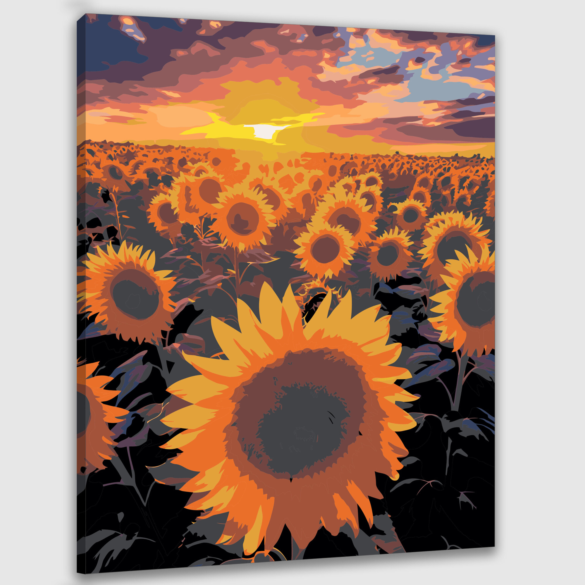 Картина по номерам 40x50 см, поля, подсолнухи, золотой час, желтые лепестки, золотистый свет, высокие стебли