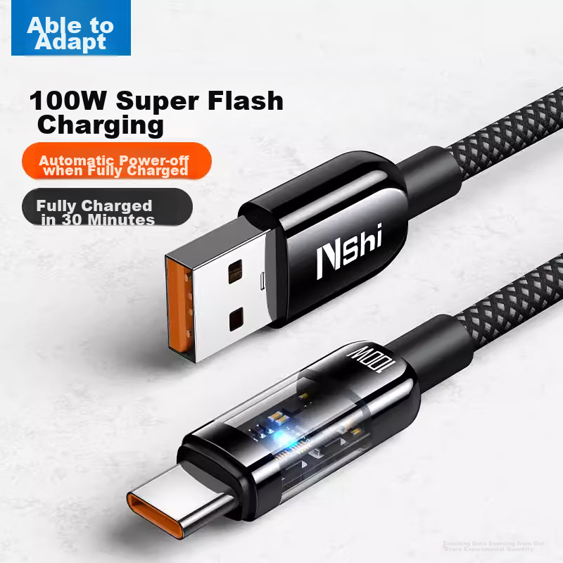 Can Fit Type-C Data Cable, 100W Charging Cable, Super Fast Charging, Auto Power-Off, Suitable for Huawei, OPPO, Honor, Nova, Xiaomi, Vivo Phones, 66W Fast Charging Cable, 1 Meter, Transparent Black