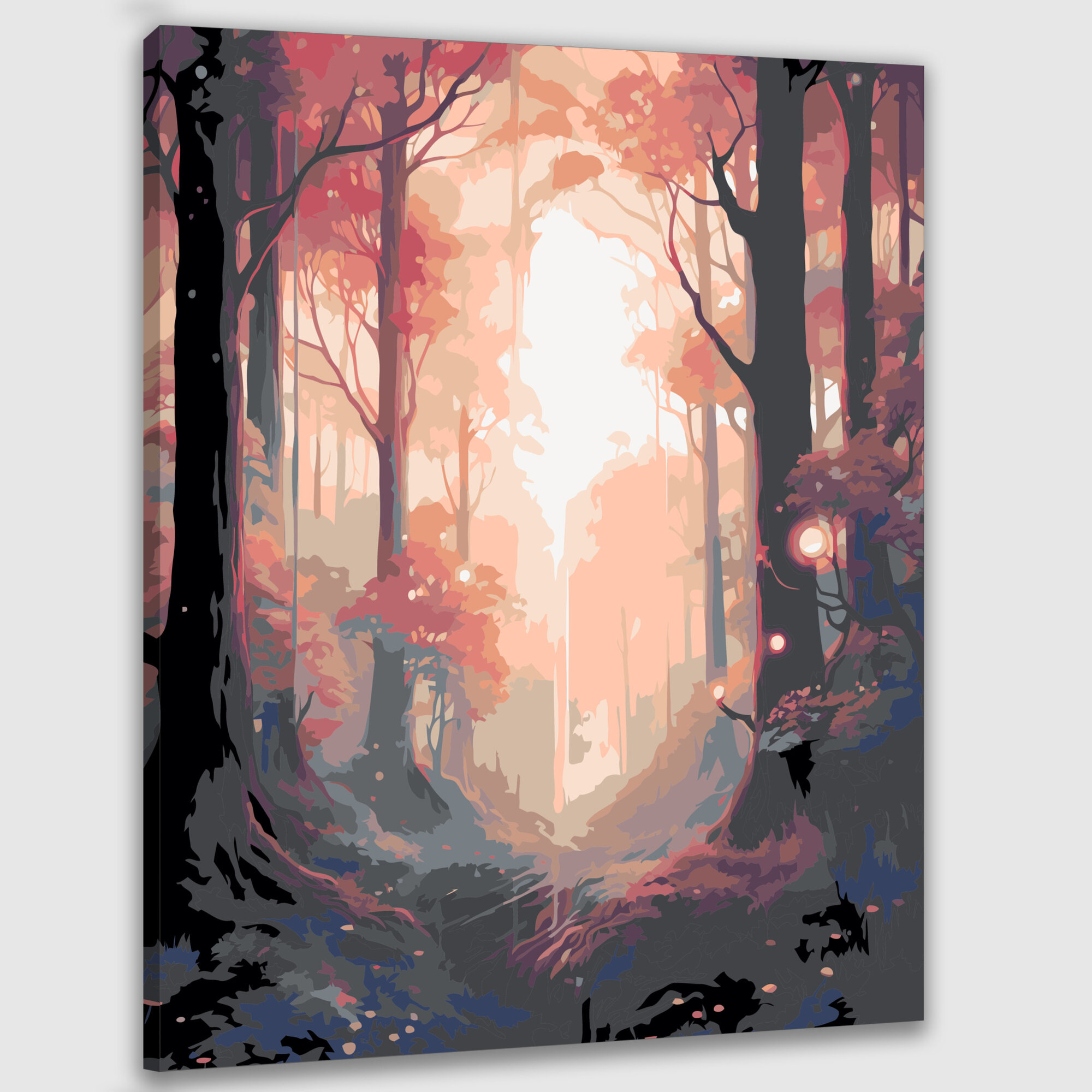 Картина по номерам 40x50 см, картина, акварельная иллюстрация, эльфийский лес, рассвет, стволы деревьев, солнечный свет