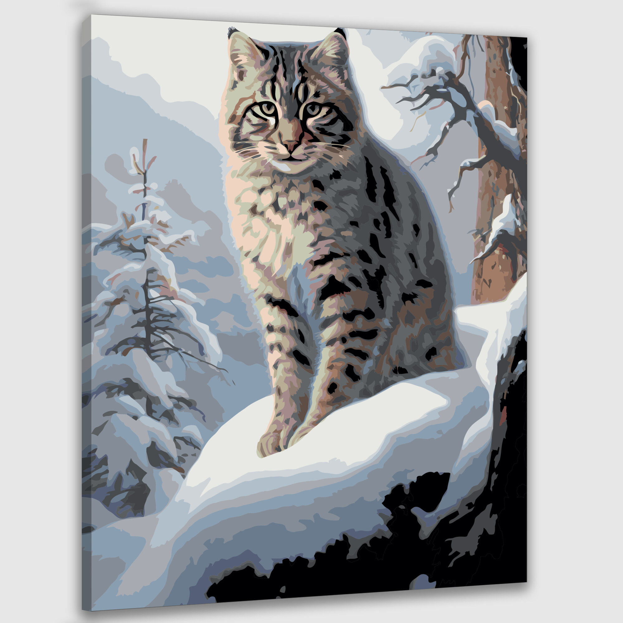 Картина по номерам 40x50 см, Манул, дикая кошка, Сибирь, заснеженная скала, зимний лес, масляная картина, холст