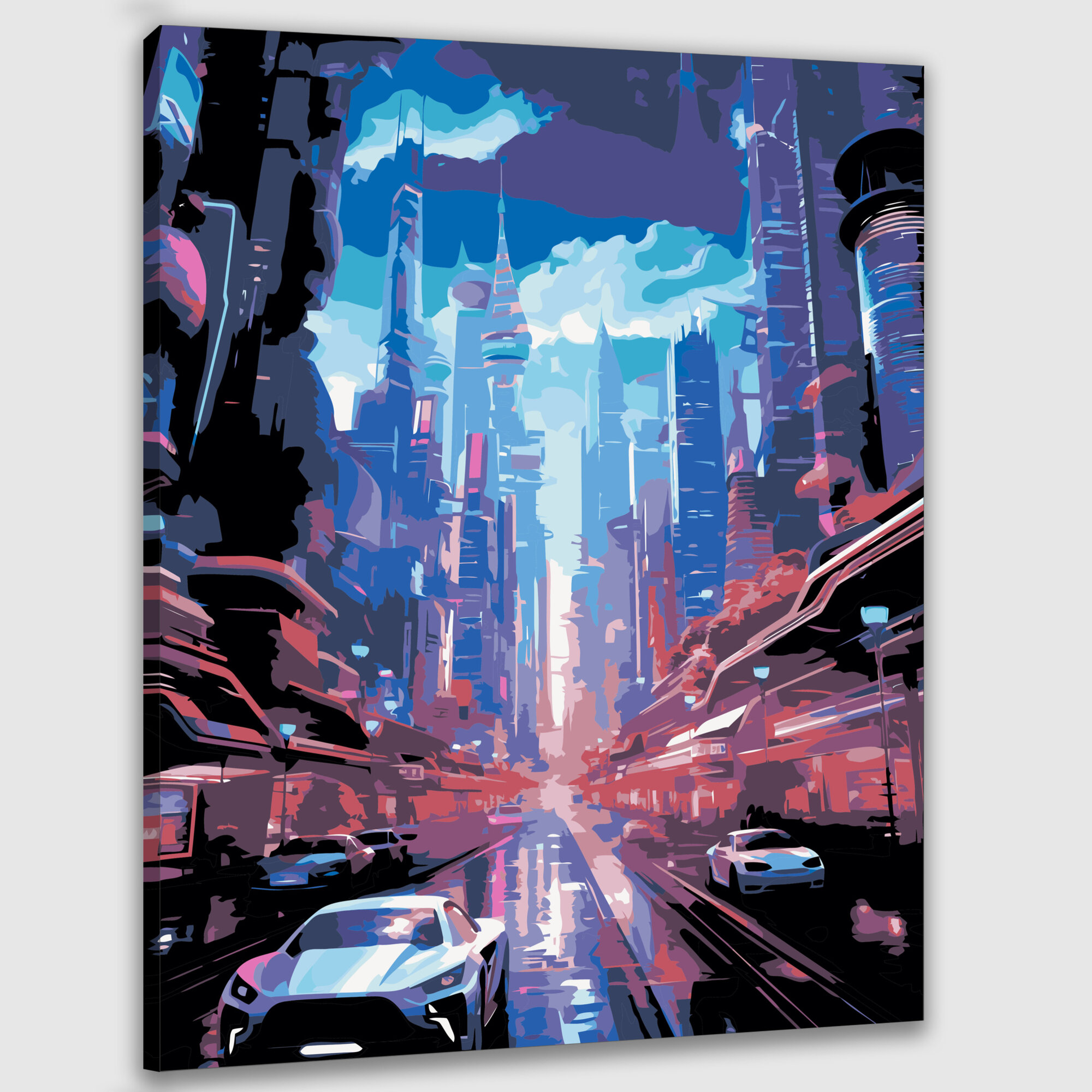 Картина по номерам 40x50 см, футуристический городской, небоскребы, голографическая реклама, летающие автомобили