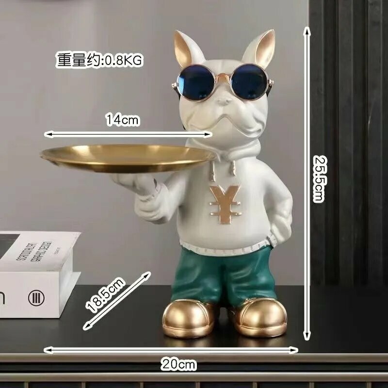 Статуэтка интерьерная французский бульдог в современном стиле, декоративная подставка для мелочей, конфетница, собака с подносом