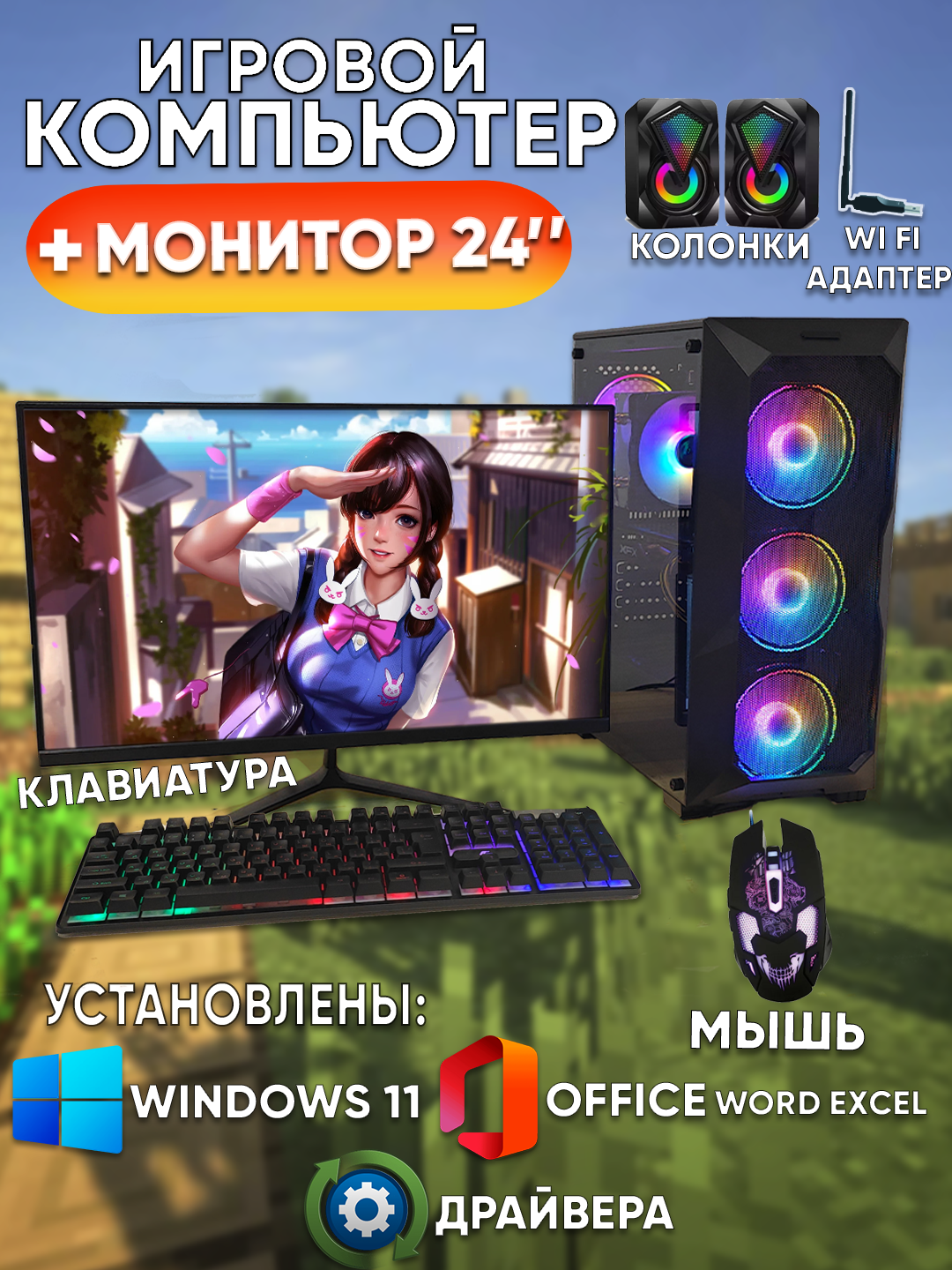 Компьютер игровой Intel i7/RX-580/16 ГБ/SSD-512 ГБ/Монитор-24"