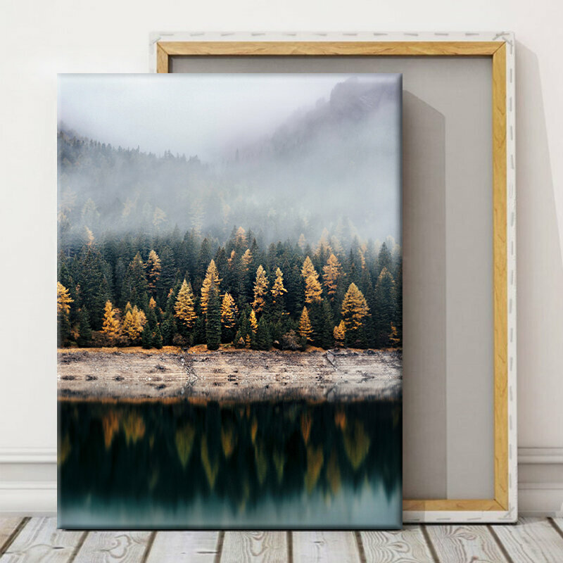 Картина на холсте 40х50 см "Пейзаж. Лес, отражение в воде", на стену для интерьера