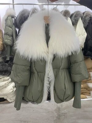 MOOCIE Lagabogy 2025 Зимняя женская стеганая куртка с большим воротником из натурального меха лисы, толстая роскошная парка, женская верхняя одежда, 90% белый утиный пух