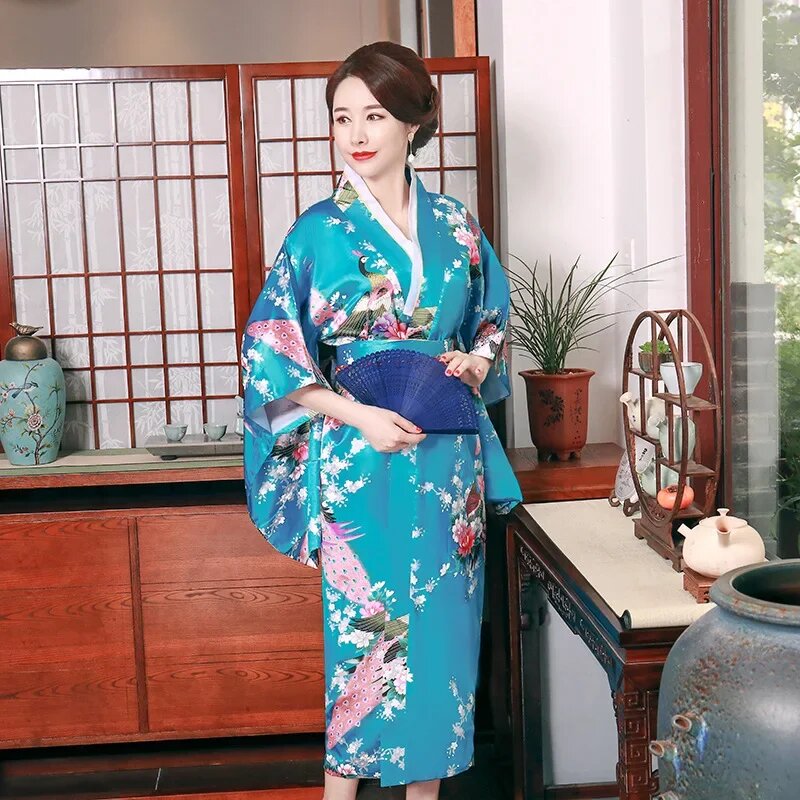 Женское шелковое кимоно с цветочным принтом Sky Blue B