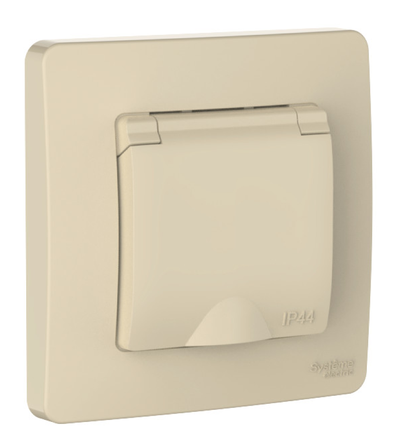 Розетка силовая штепсельная Systeme Electric / Систем Электрик Blanca с крышкой, с заземлением и шторками, 16А 250В IP44 бежевый скрытой установки, BLNRS441117 / электрооборудование