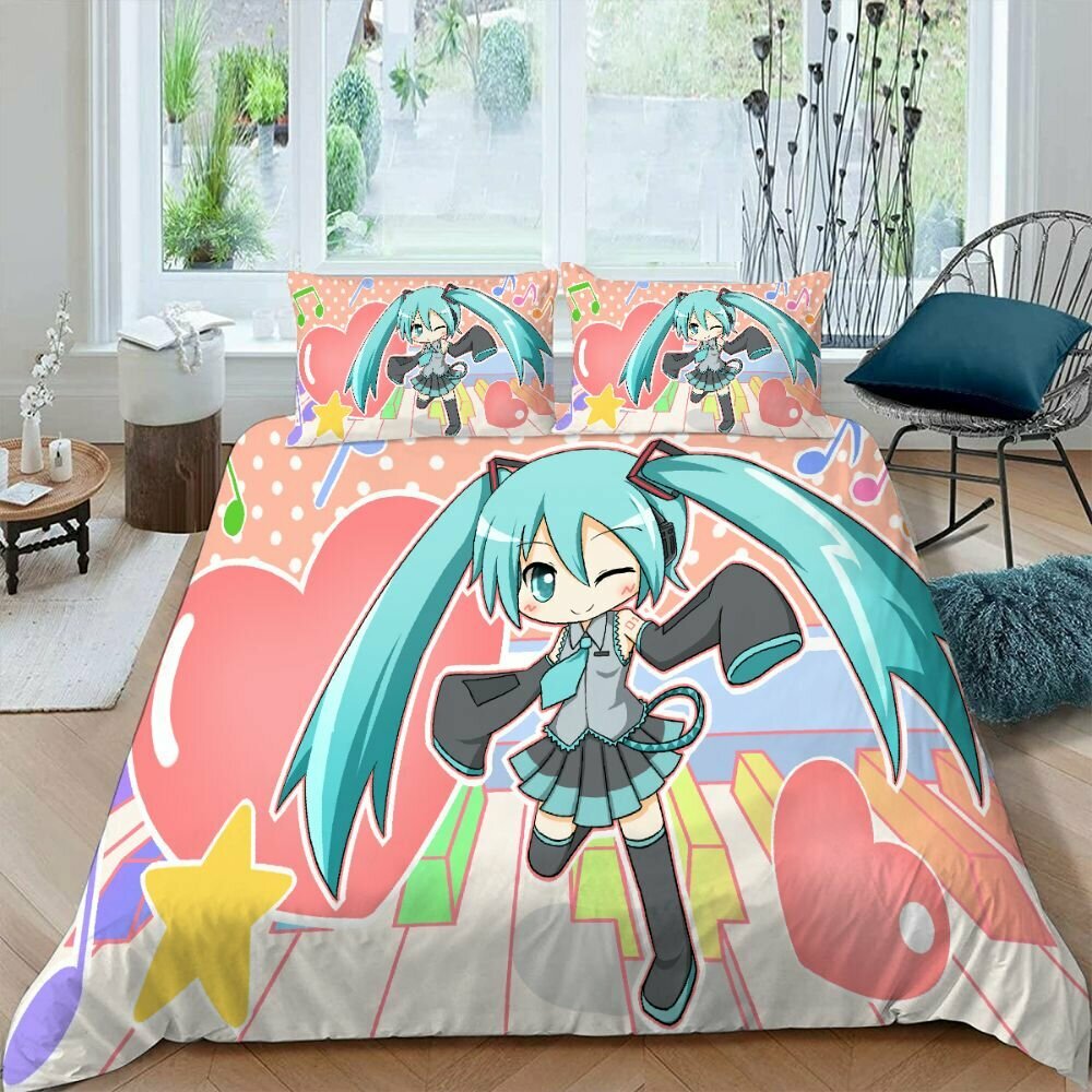Детский комплект постельного белья, Hatsune Miku, включает 1 шт пододеяльник и 2шт наволочки, для девочки, мальчика, взрослый, Постельное белье 1,5 спальное / 2-х