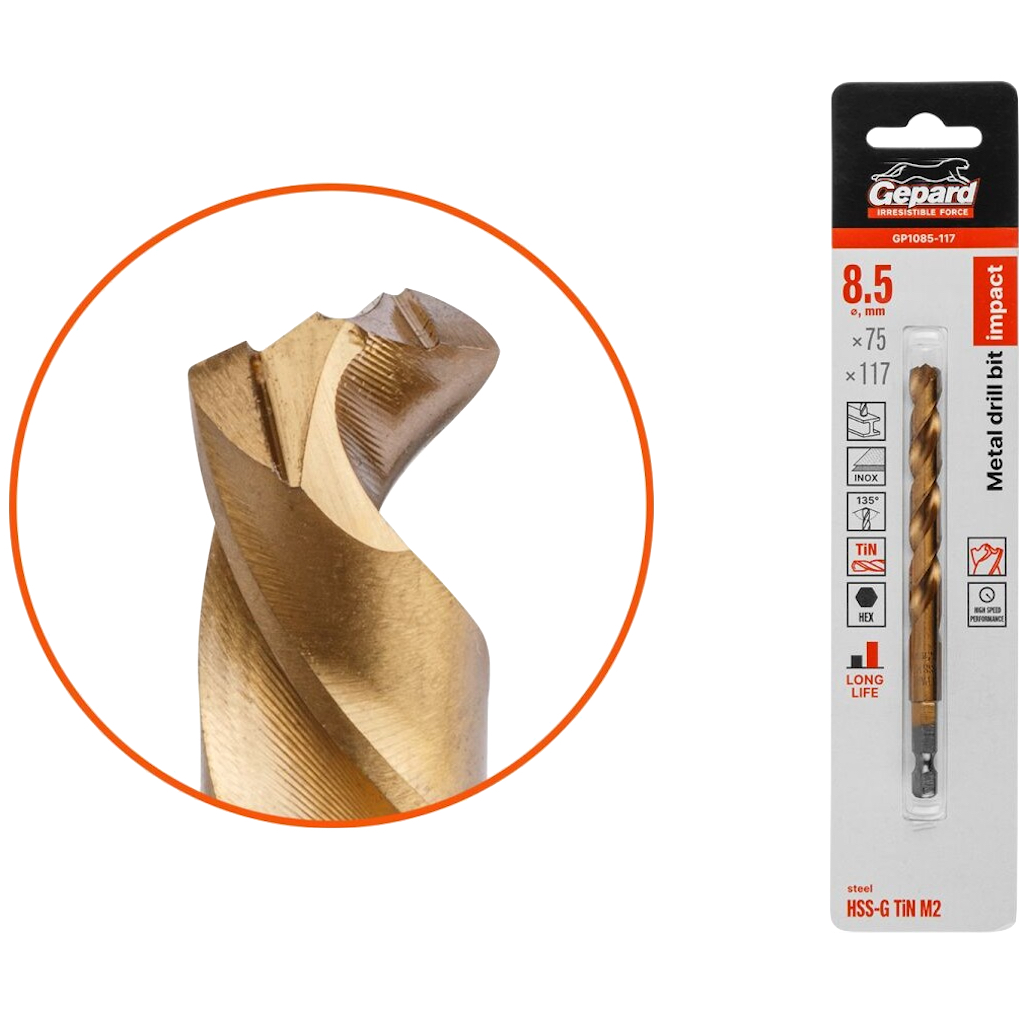Сверло по металлу спиральное 8.5х75х117 мм GEPARD HSS-G TIN (GP1085-117)