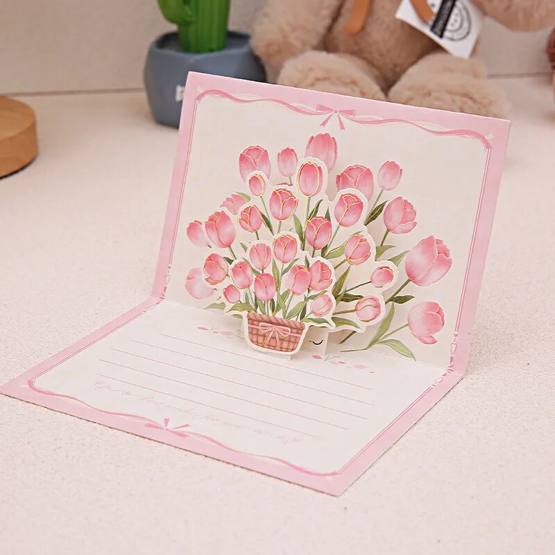 Открытка 3D букет тюльпанов, Pink Tulip