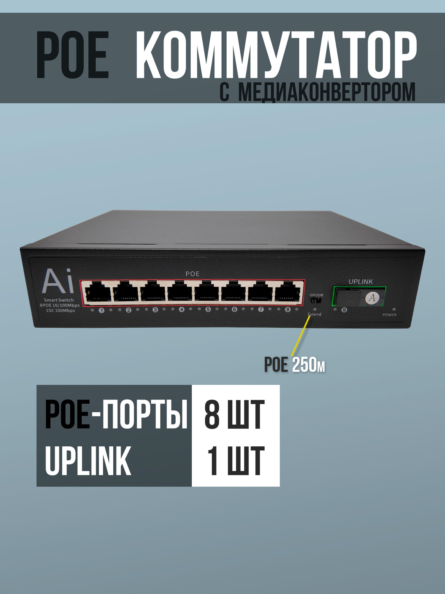 Коммутатор POE 108P1S на 8 портов 10/100M Media Converter (8+1) - Порт POE RJ45:8*10/100 Мбит/
