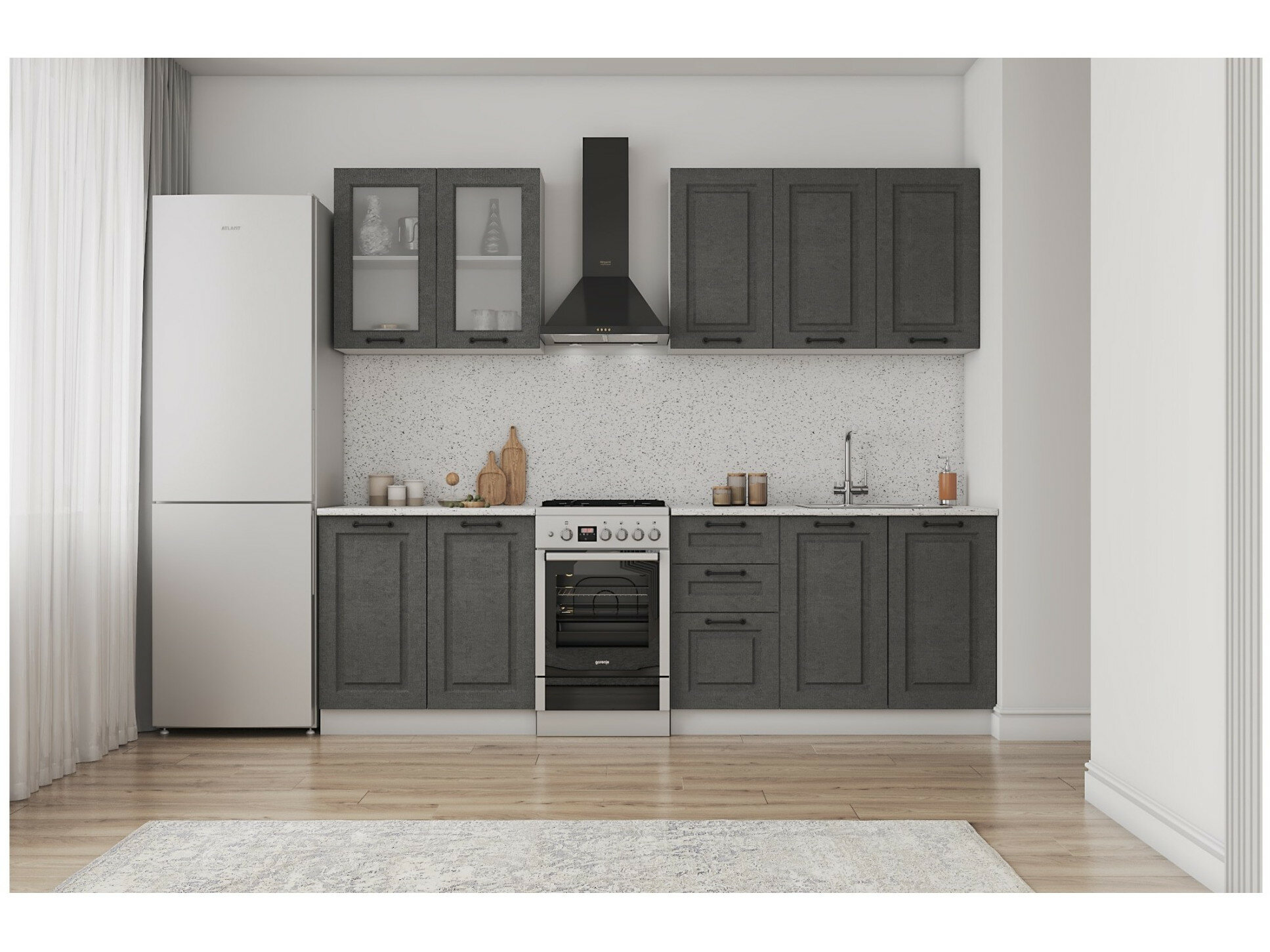 Кухоннный гарнитур 2,0м, в стиле прованс, фасады МДФ, камень темный