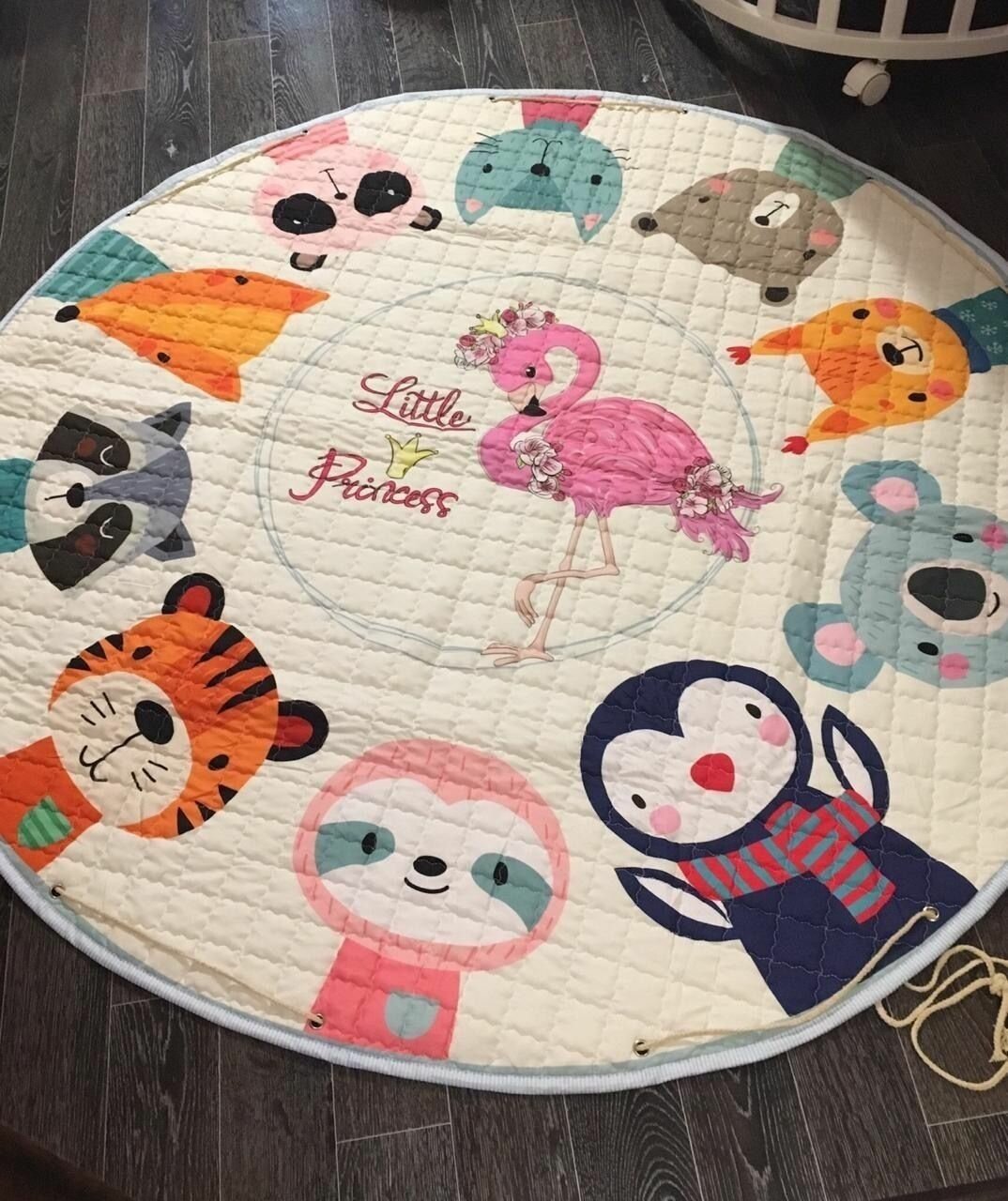 Коврик детский для ползания малыша - мешок для хранения игрушек, диаметр 145см, "Фламинго"