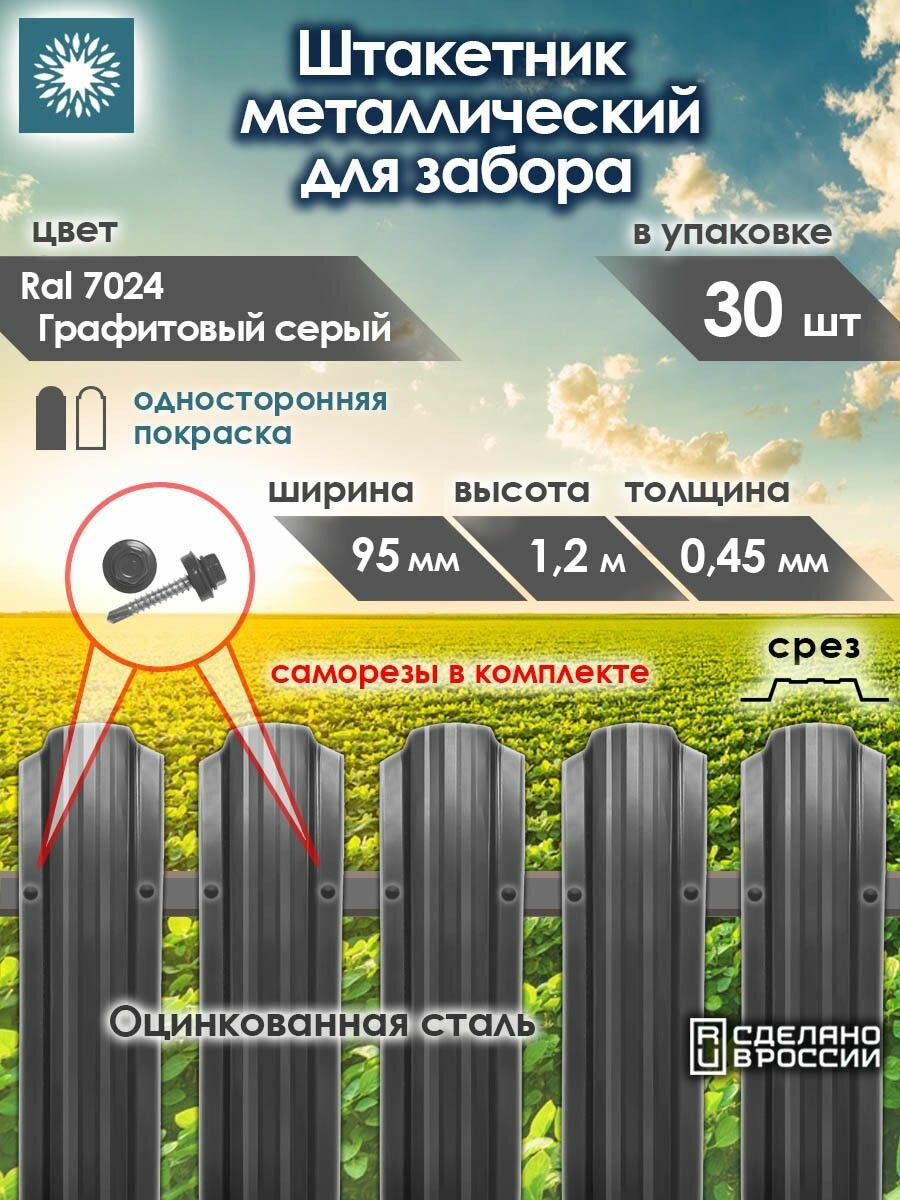 Металлический штакетник П-образный 1,2 м, 30 шт, RAL 7024