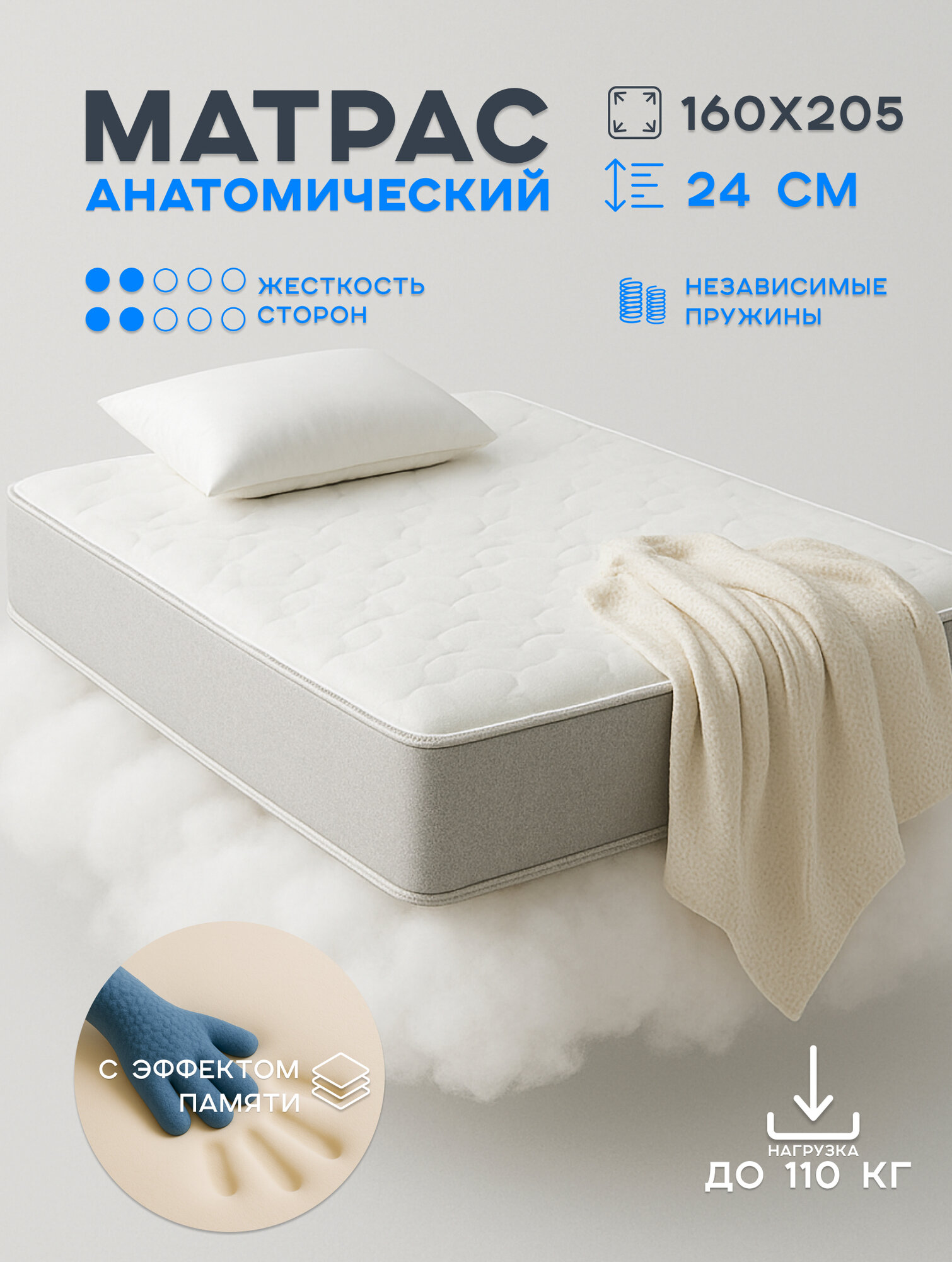 Матрас 160х205 Ортис MEMORY CLASSIC, мягкий, анатомический, натуральный латекс и Memory Foam