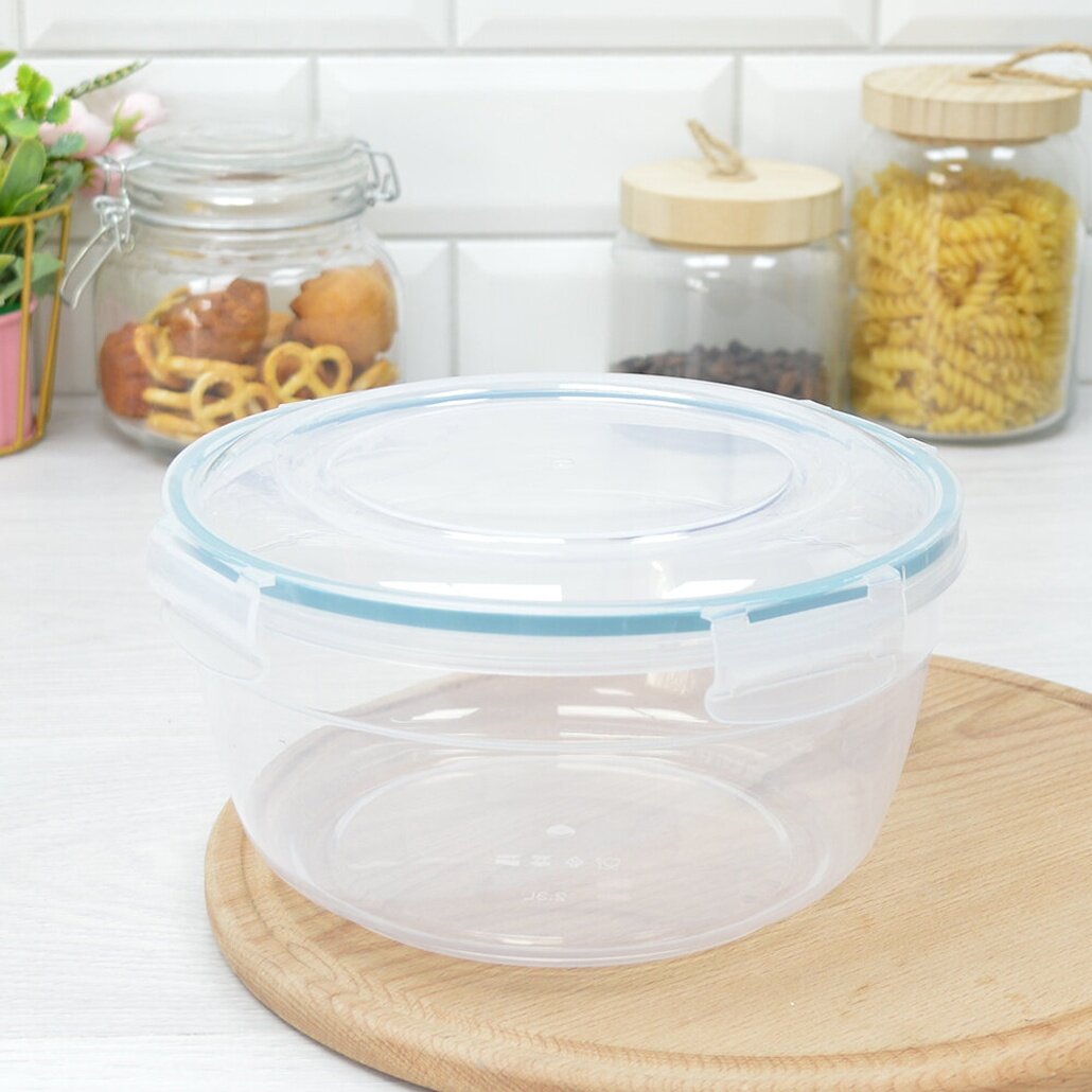 Контейнер для продуктов 2,3л круглый, пластик, герметичный, прозрачный, с замками